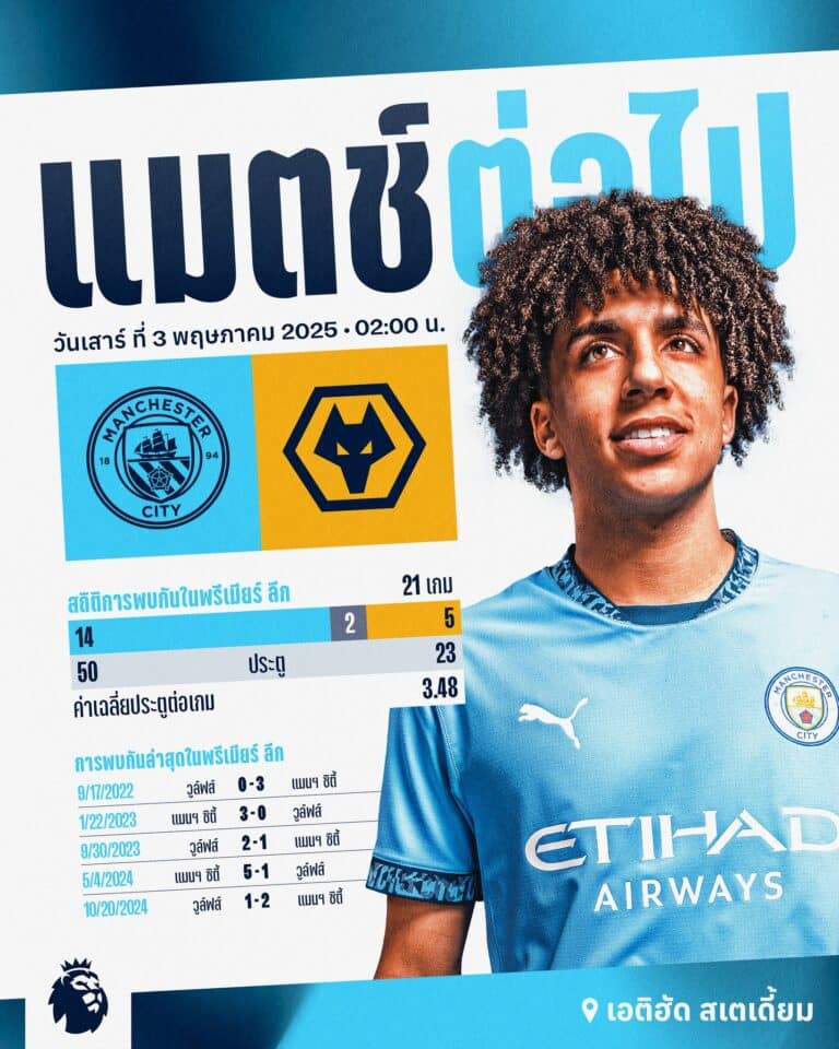 แมนซิตี้ พบ วูล์ฟแฮมป์ตัน ดูบอลสด ฟุตบอลพรีเมียร์ลีก 2024/25 วันที่ 2 พ.ค. 68 | Thaiger ข่าวไทย